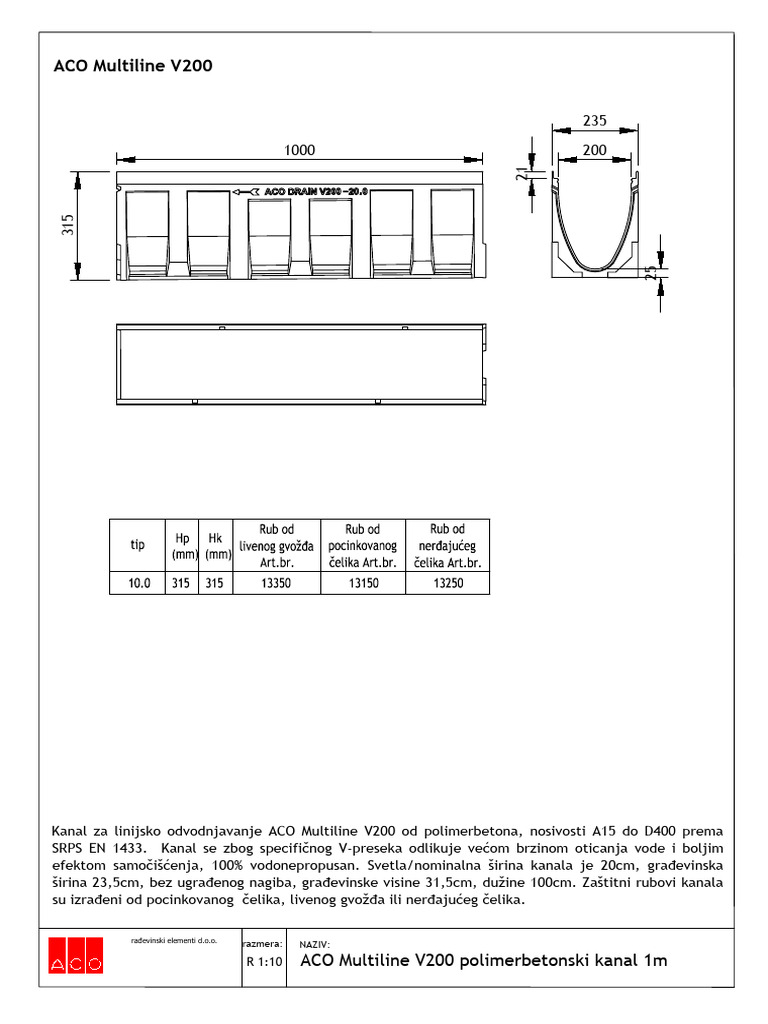 ACO Multiline V200 W203 L100cm - Typ10.0 | PDF