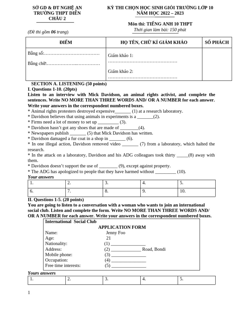 DE HSG KHOI 10 Năm 2023 | PDF