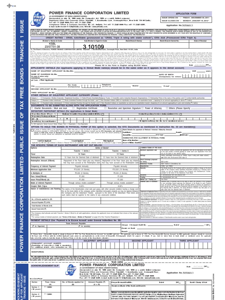 PFC Tax Free Bonds Application Form | PDF | Bonds (Finance) | Cheque