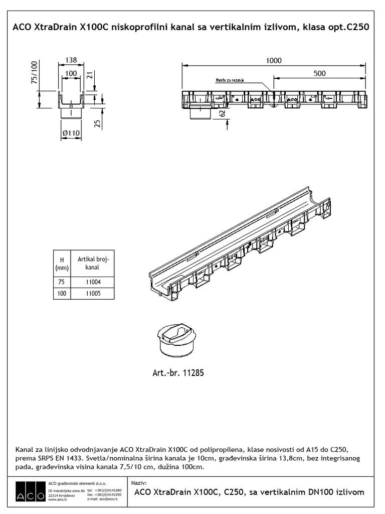 ACO XtraDrain X100 C Niskoprofilni Sa DN100 | PDF
