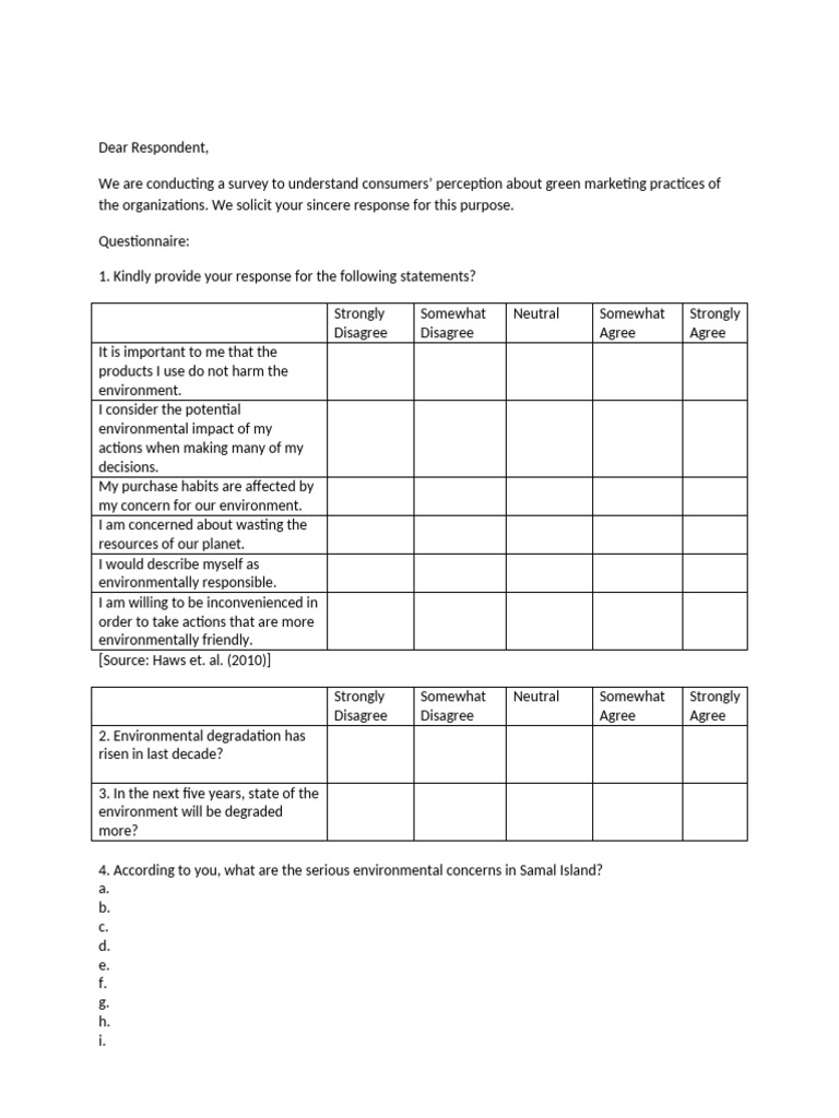 Questionnaire On Consumers Perception About Green Marketing Practices | PDF