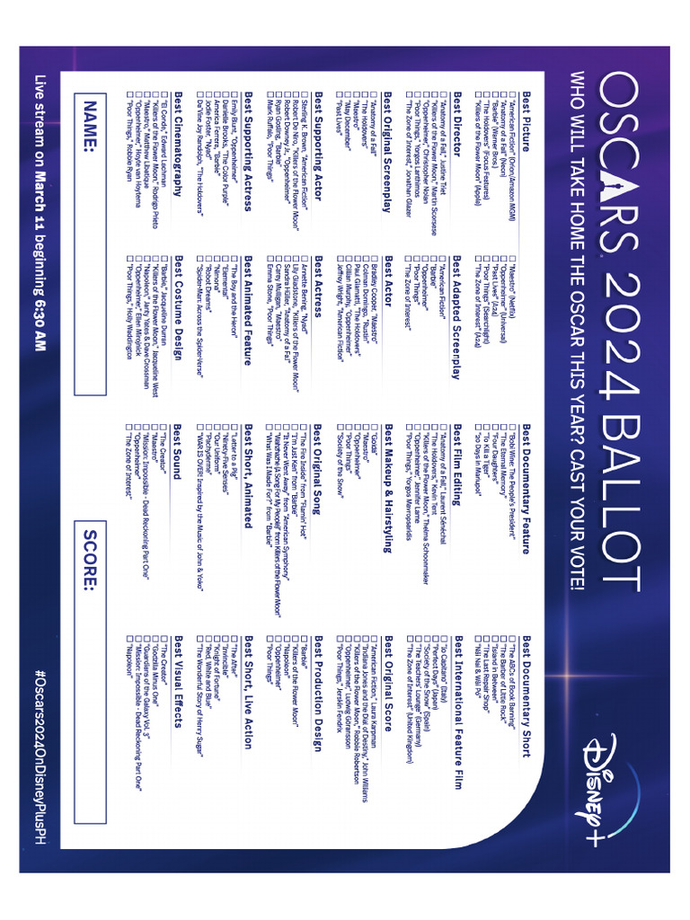 2024 Oscars Ballot | PDF