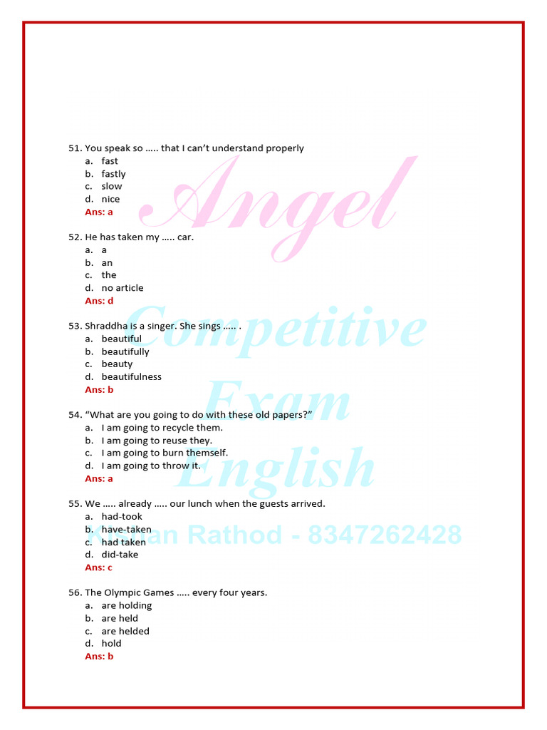 Revenue Talati Most Imp English Grammar MCQ Set-3 51 To 75 | PDF