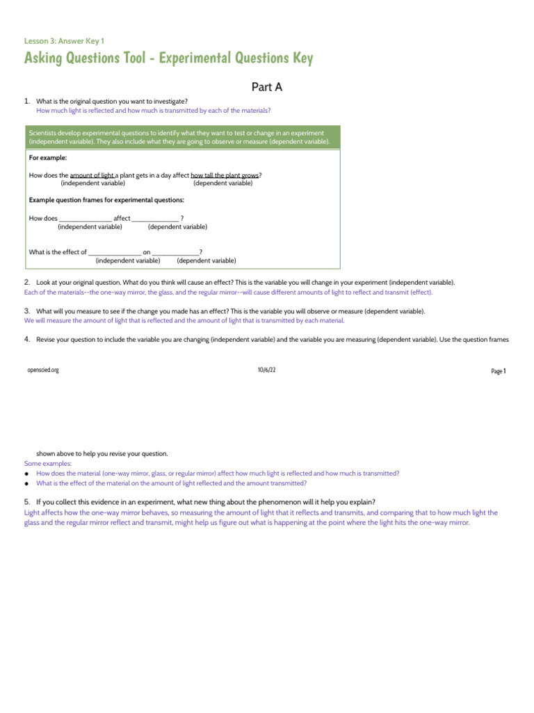 6.1 Lesson 3 Answer Key Asking Questions Tool | PDF