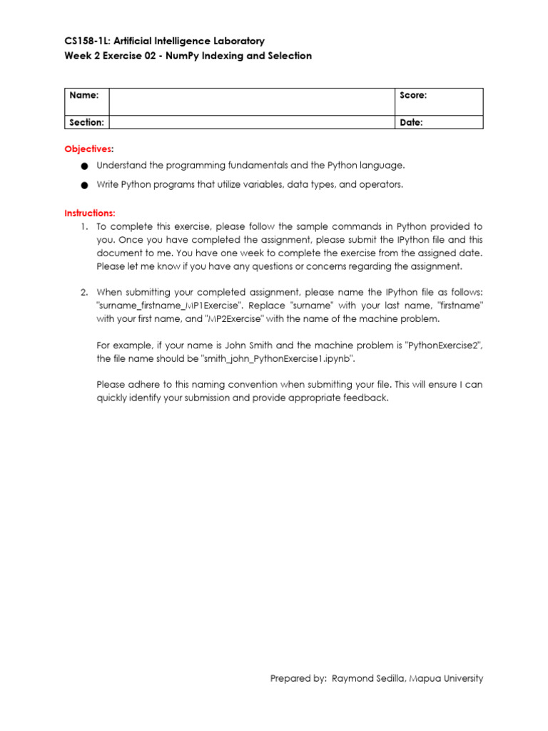 Week 2 Exercise 02 - NumPy Indexing and Selection | PDF