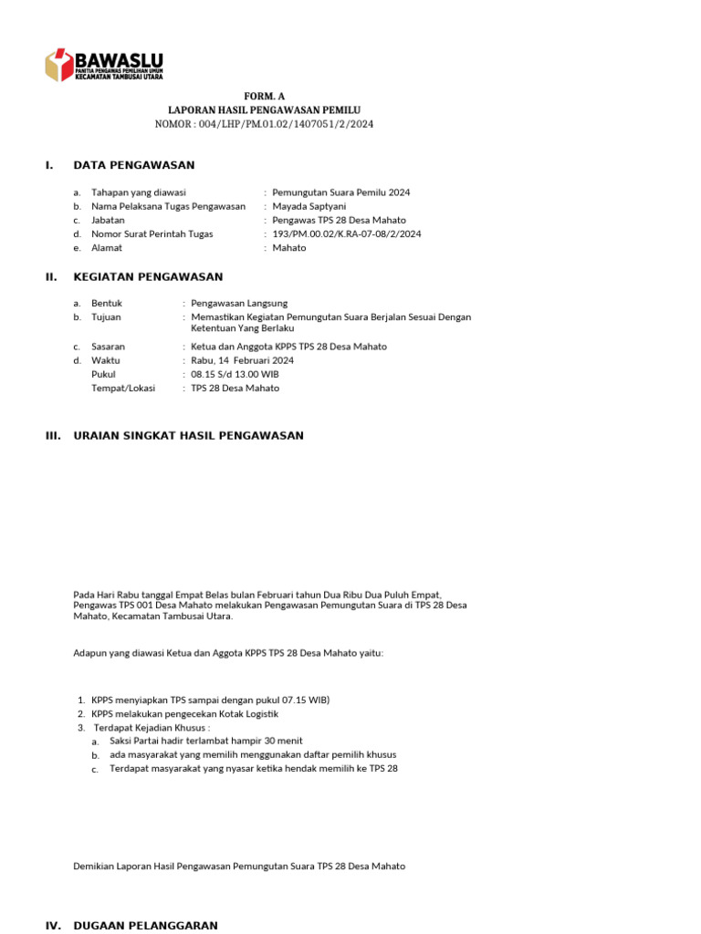 001 Form-A Pemungutan Dan Penghitungan Suara Pemilu 2024 PTPS 001 Desa ...