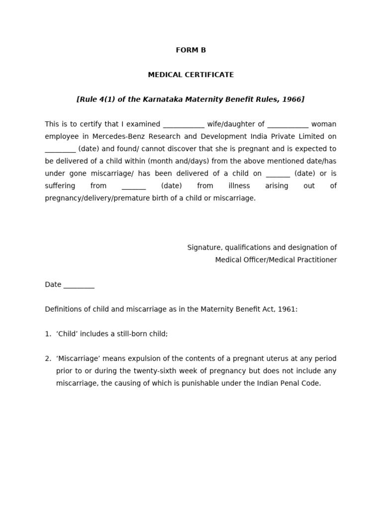 FORM B - Karnataka Maternity Benefit Rules, 1966 | PDF