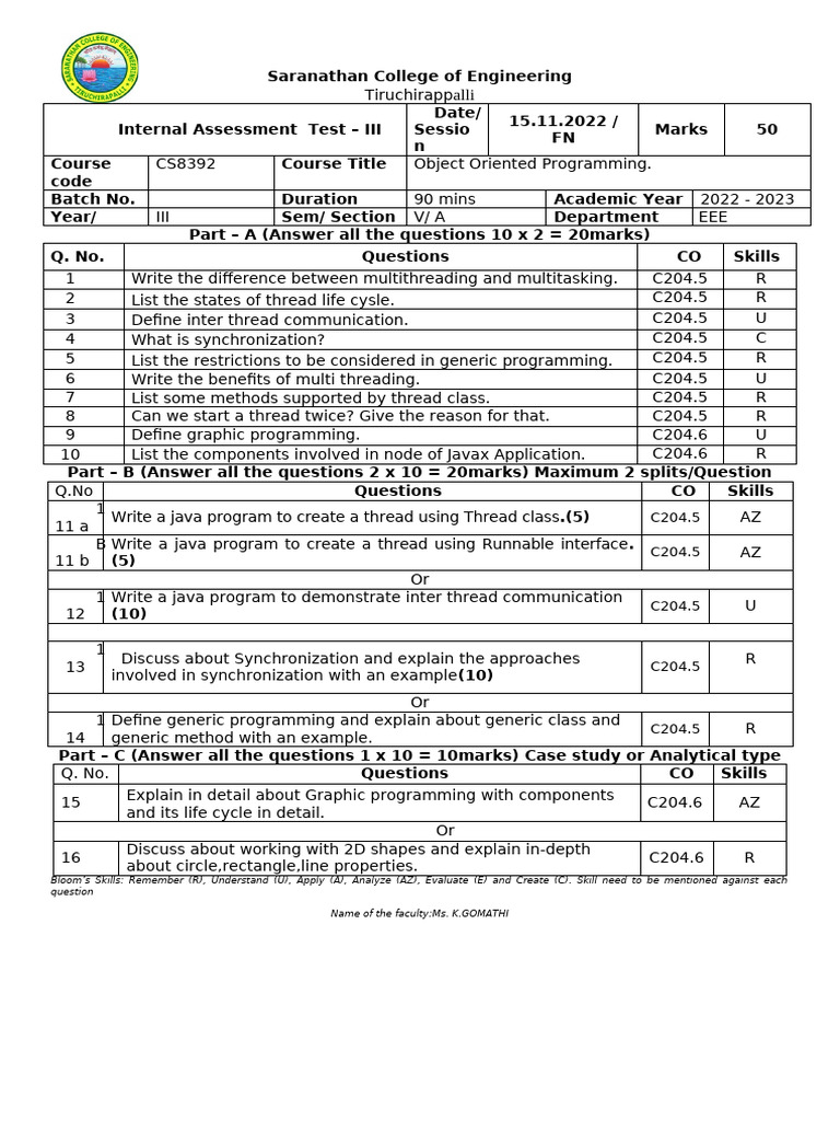 CS 8392 Object Oriented Programming. | PDF | Thread (Computing) | Computers