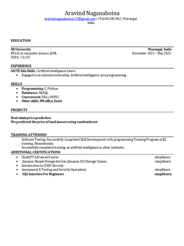Aravind Naganaboina Resume | PDF