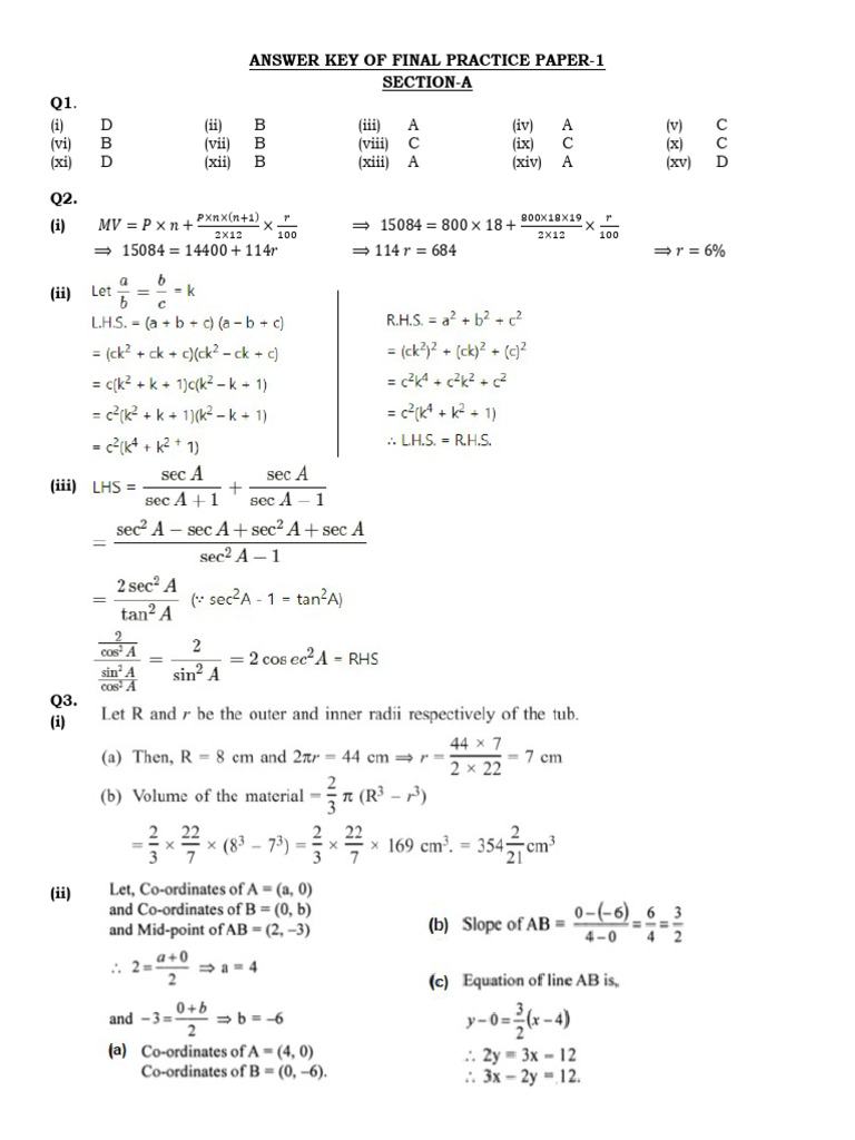 Answer Key of ICSE Final Practice Paper-1 | PDF