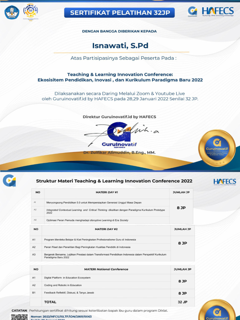File Sertifikat Kegiatan - Teaching & Learning Innovation Conference - Isnawati, S.PD - No. 2022 ...