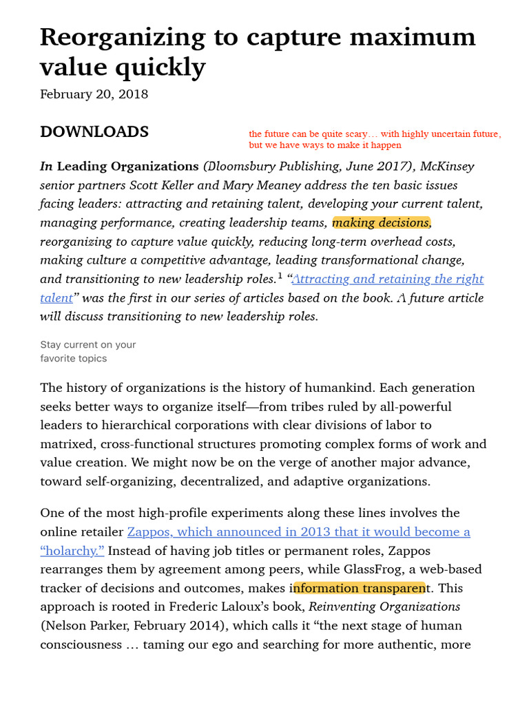 Reorganizing to capture maximum value quickly | McKinsey | PDF