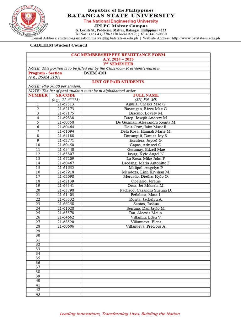 CSC-Membership-Fee-Remittance-Form-1st-Semester-BSHM4101 | PDF