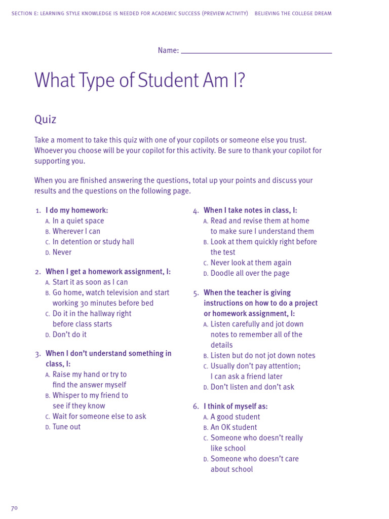 Lesson 3 What Type of Student Am I Quiz | PDF | Self-Improvement
