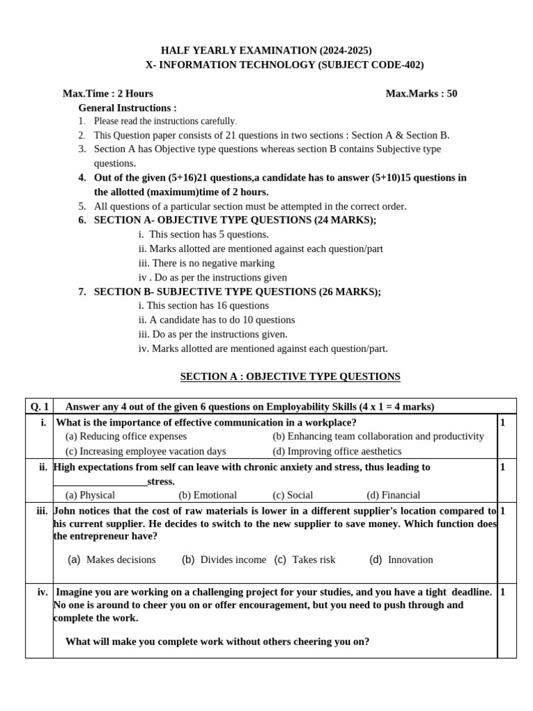 X IT Halfyearly 24-25 QP | PDF | Spreadsheet | Computing