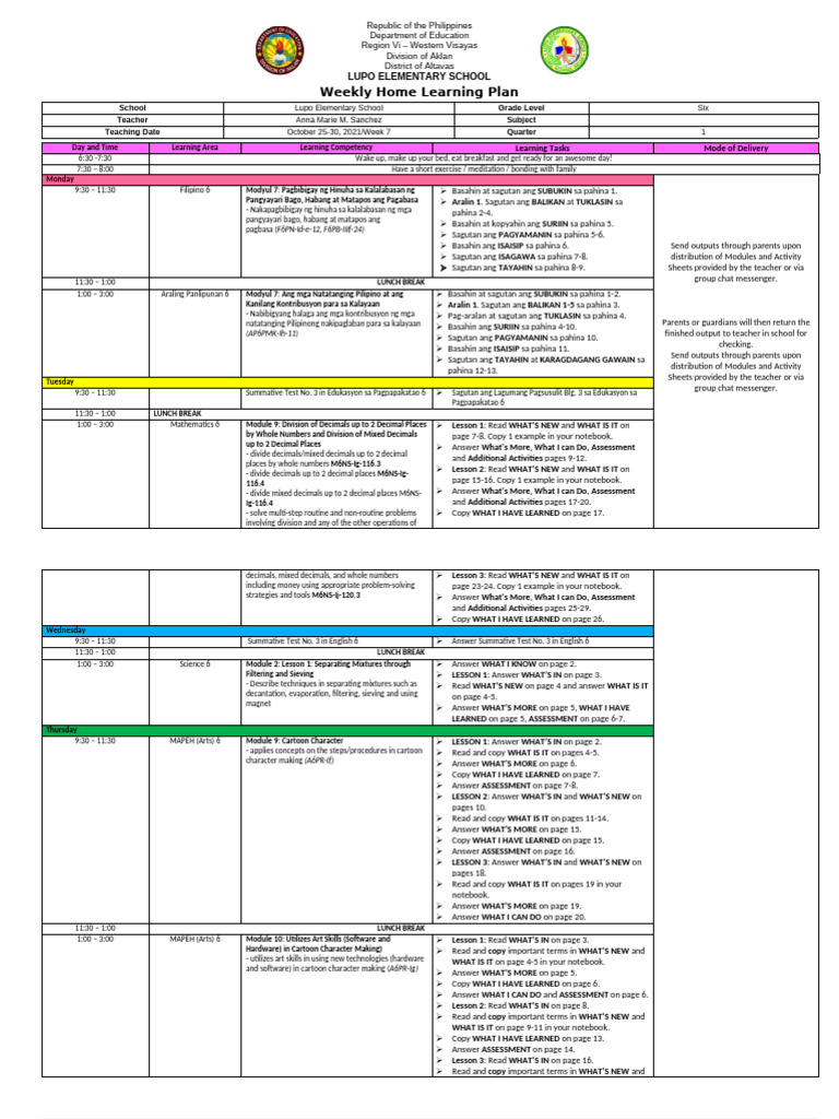 Q1W7 Weekly Home Learning Plan | PDF