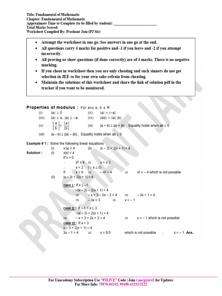 Worksheet - 2 Properties of Modulus | PDF