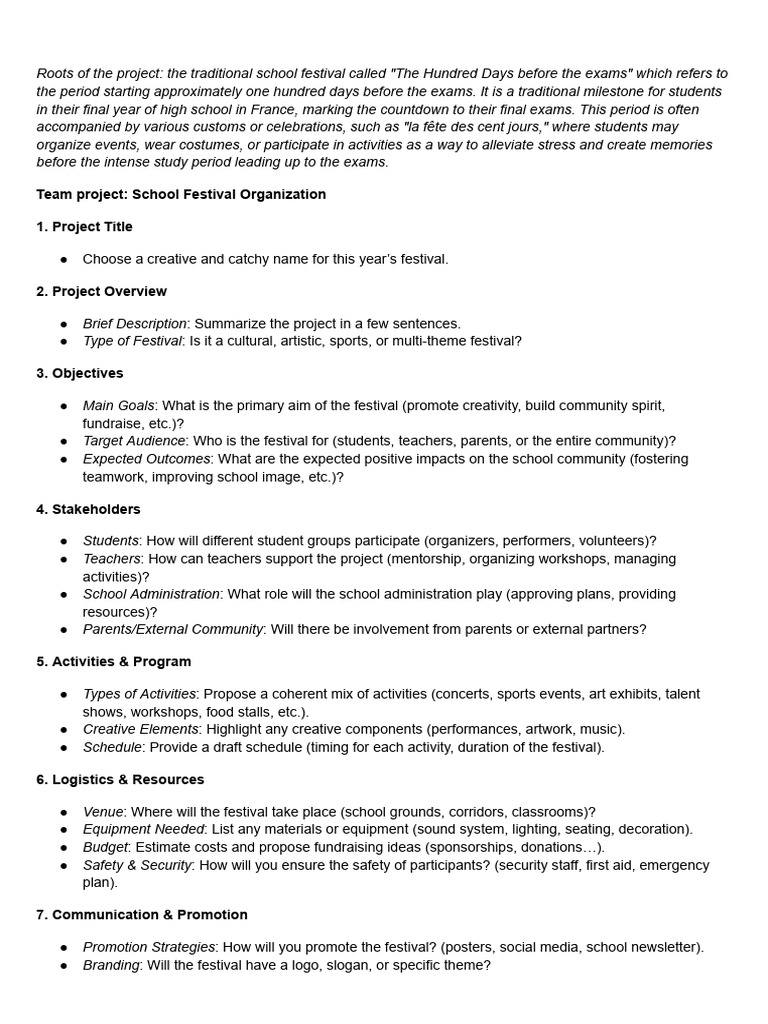 Project Sheet - School Festival Organization TERMINALES | PDF