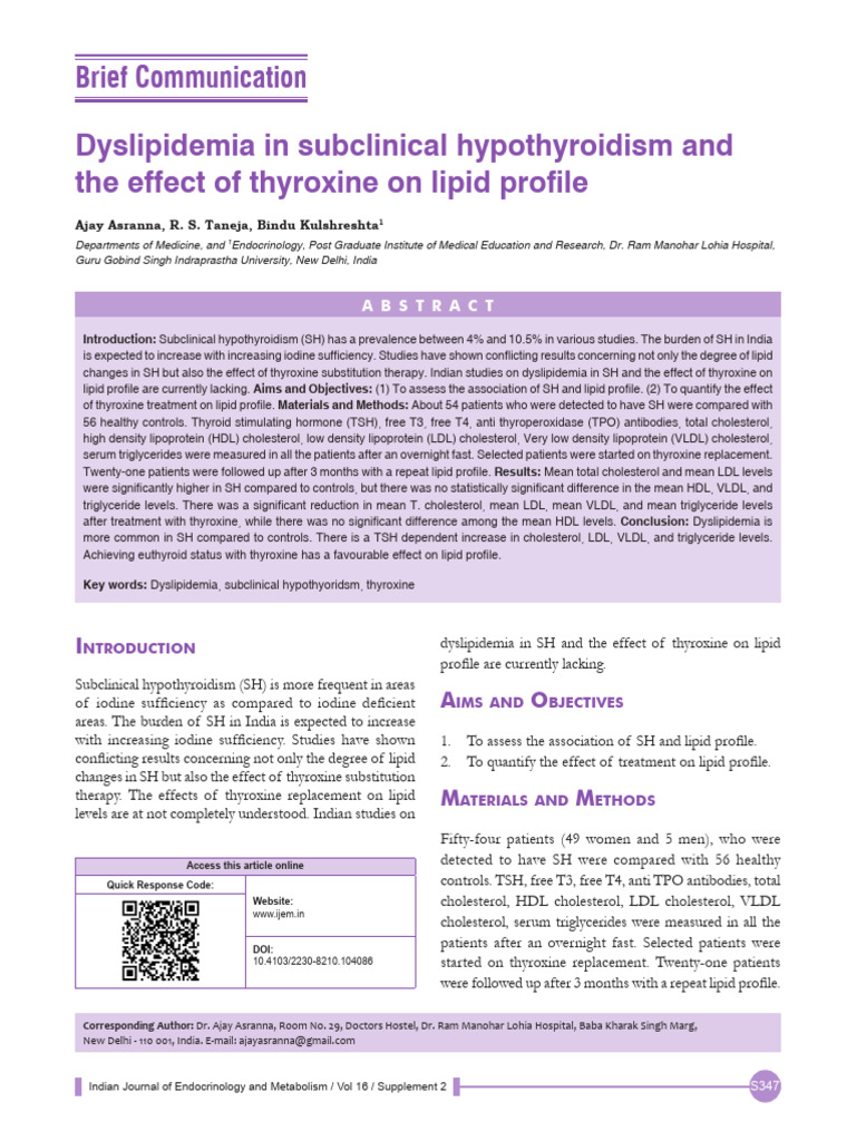 Dyslipidemia in Subclinical Hypothyroidism and The.65 | PDF