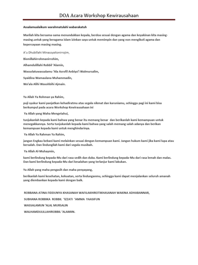 Doa A: Cara Workshop Kewirausahaan | PDF