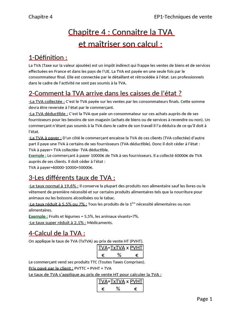 Chapitre 4 - Connaitre La TVA Et Maîtriser Son Calcul. | PDF
