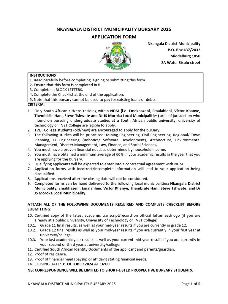 Nkangala District Municipality Bursary 2025 | PDF