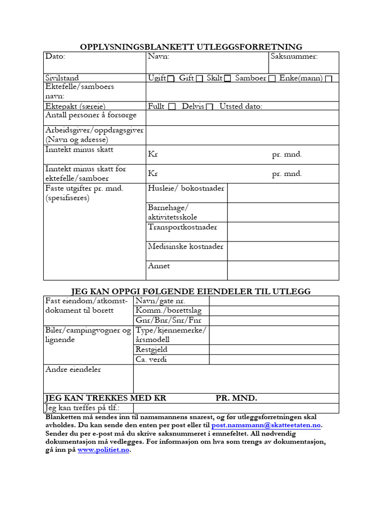 Skjema For Opplysninger Om Utleggsforretning | PDF
