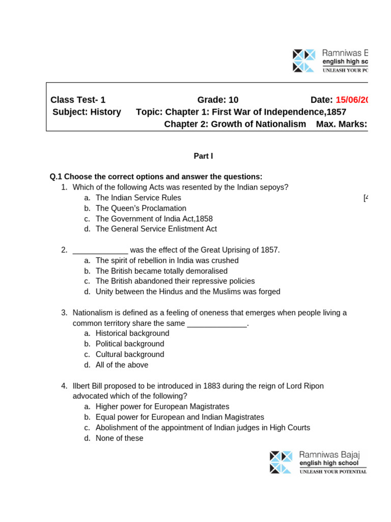 Term 1 C.T 1 10th History | PDF