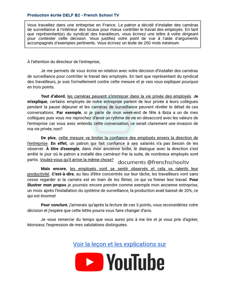 Production Écrite DELF B2 - Exemple YouTube | PDF