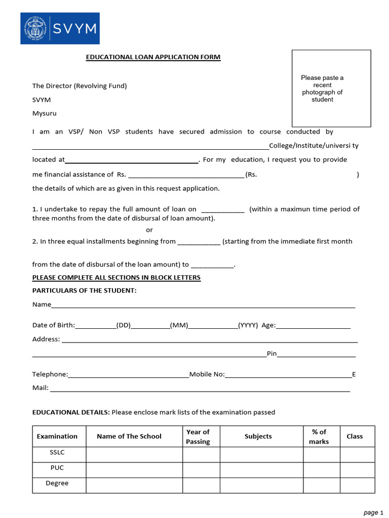 Educational Loan Application Form | PDF | Identity Document | Career ...