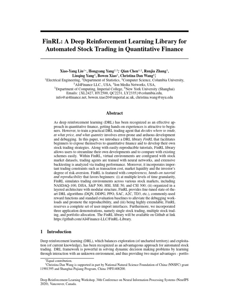 Finrl: A Deep Reinforcement Learning Library For Automated Stock Trading in Quantitative Finance ...