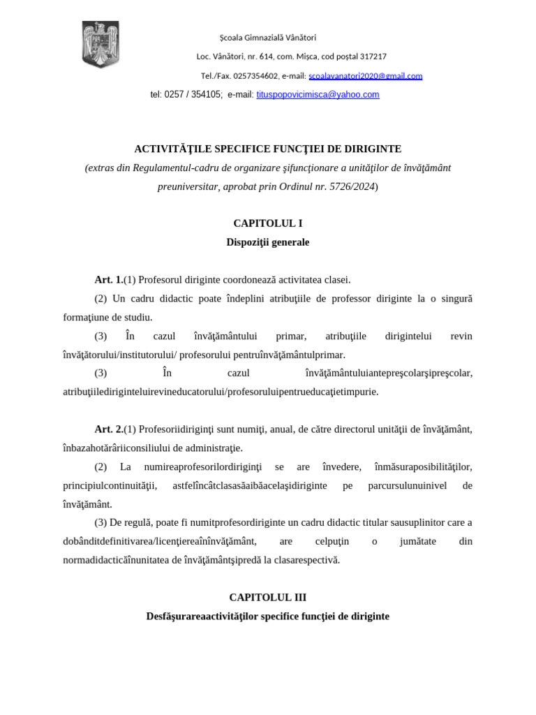 1 Activitatile Specifice Functiei de Diriginte - Extras Din Ordinul 5726 Din 2024 | PDF