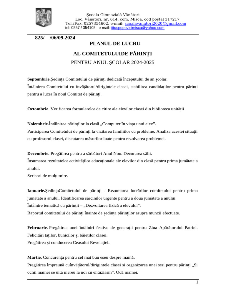 2 Planul de Lucru Al Comitetului de Parinti | PDF
