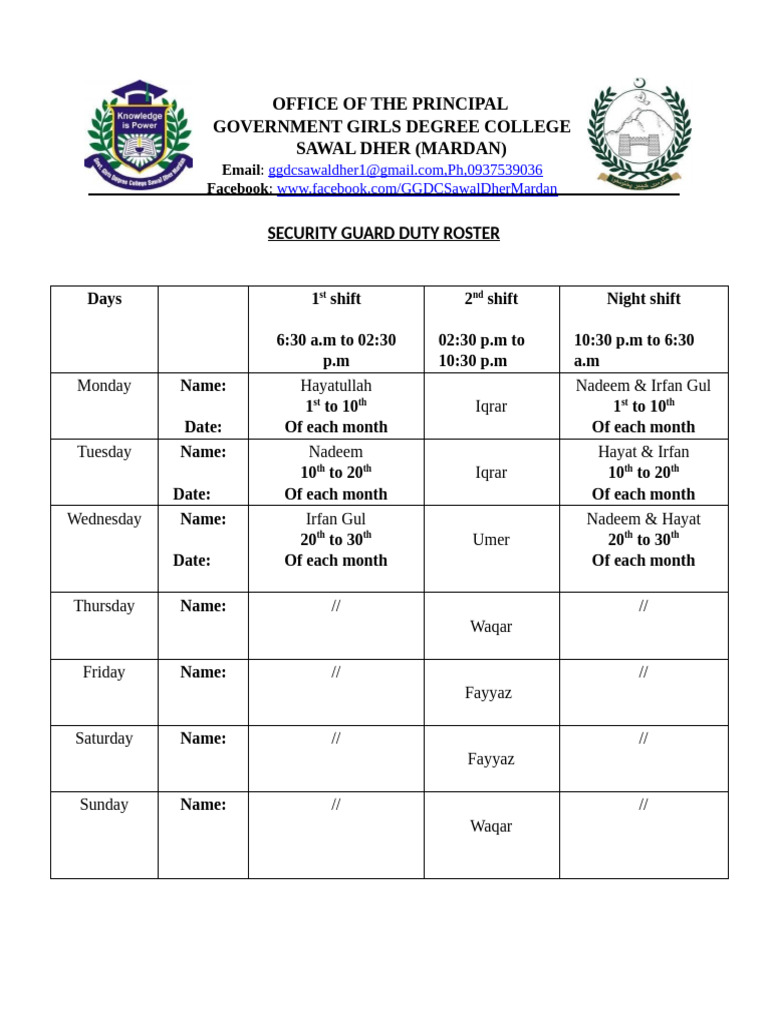 Security Guard Duty Roster | PDF