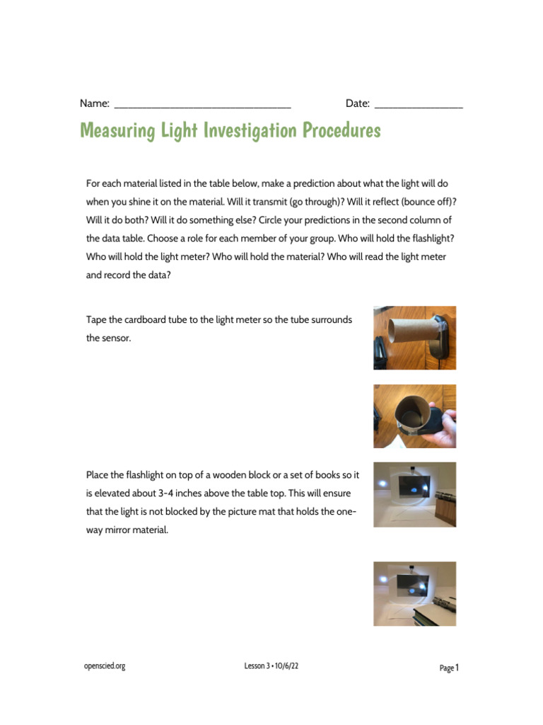 6.1 Lesson 3 Handout Measuring Light Investigation | PDF