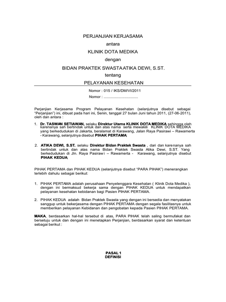 Perjanjian Kerjasama Klinik DG Bidan | PDF