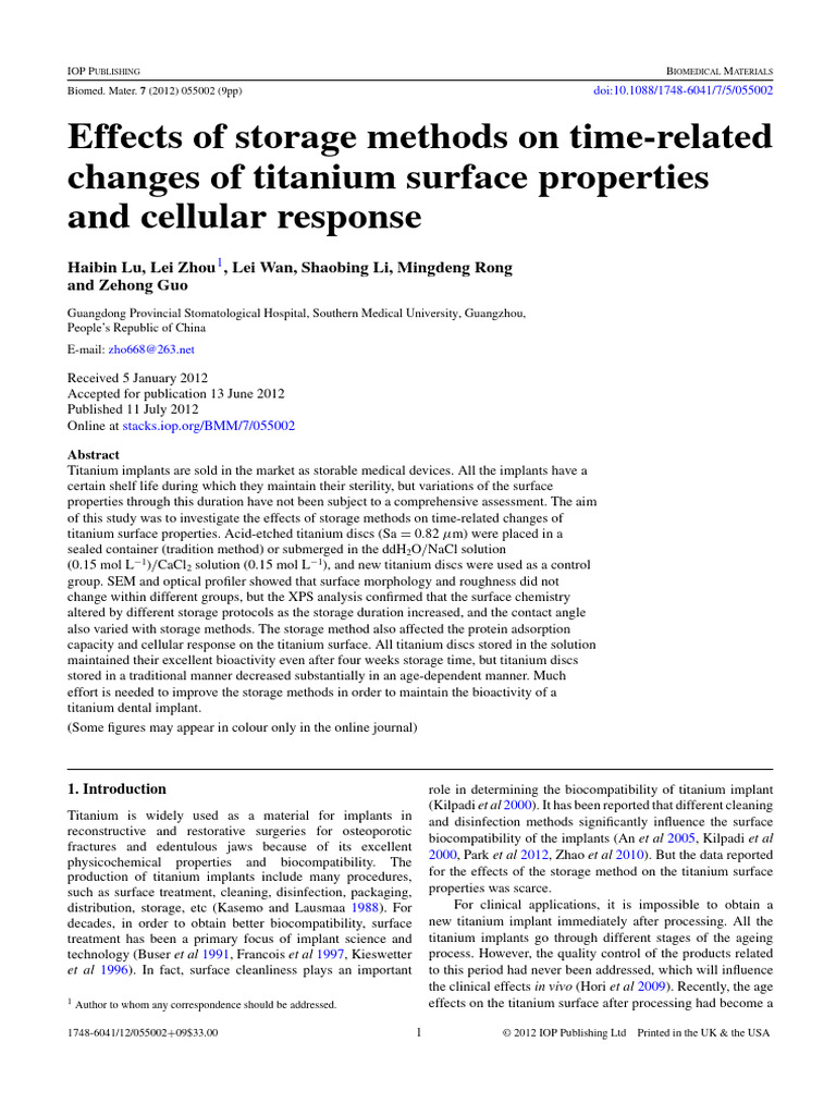 Effects of Storage Methods On Time Related Changes of Titanium Surface ...
