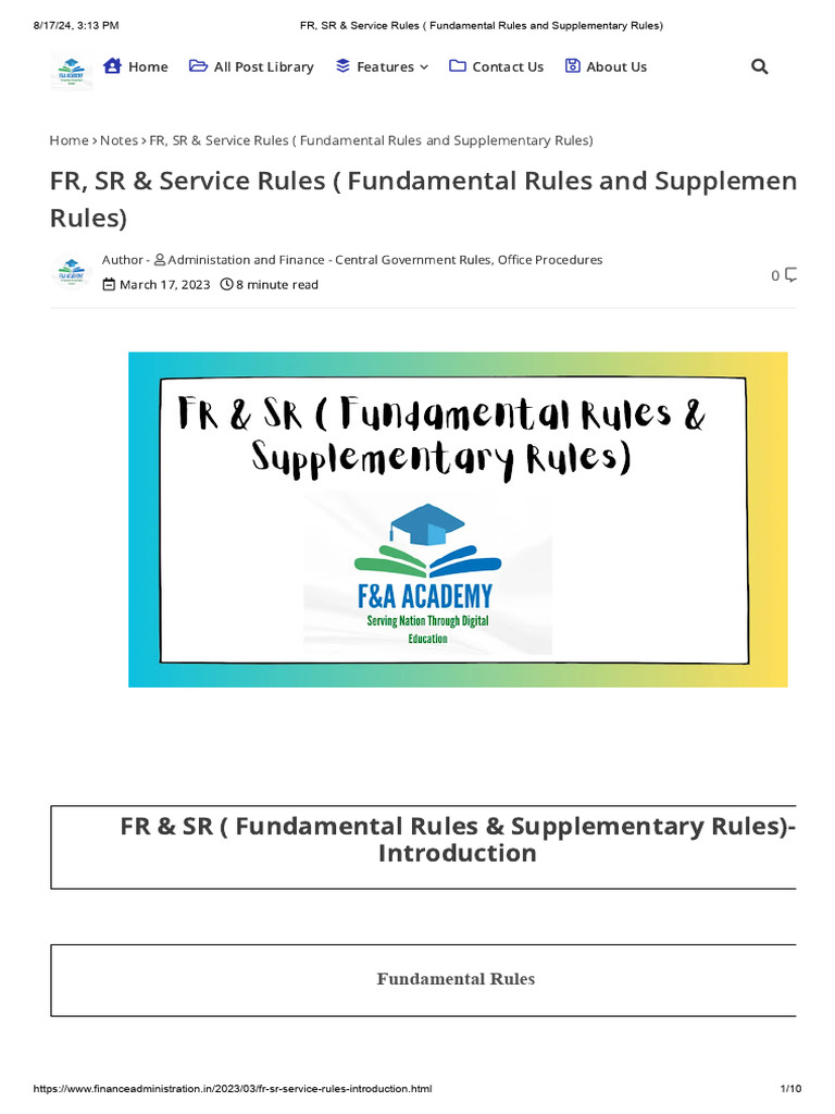FR, SR & Service Rules (Fundamental Rules and Supplementary Rules) | PDF