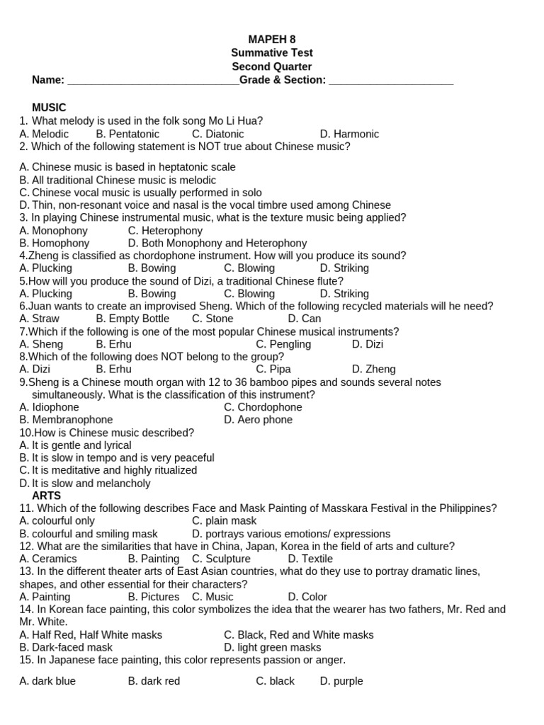 MAPEH 8 Second Quarter Test | PDF | Mask | Physical Fitness