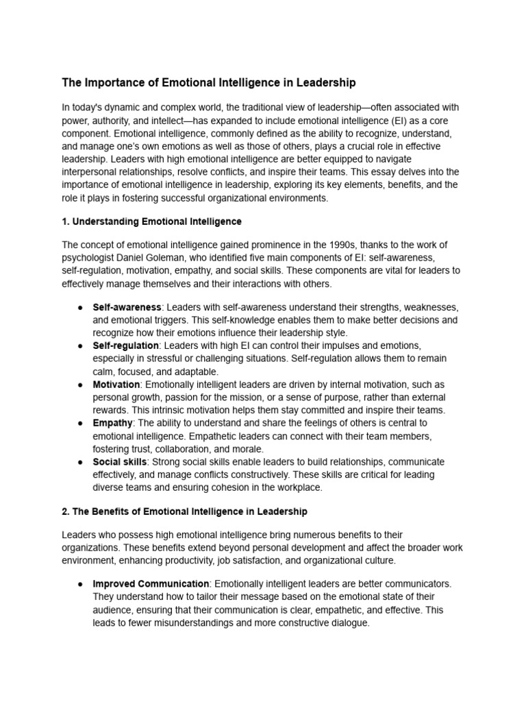The Importance of Emotional Intelligence in Leadership, class notes | PDF
