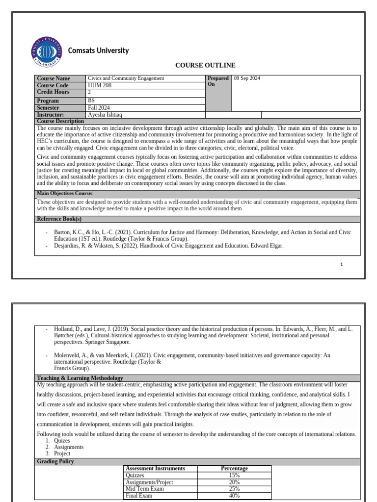 Comsats Civic Community Engagement Outline | PDF