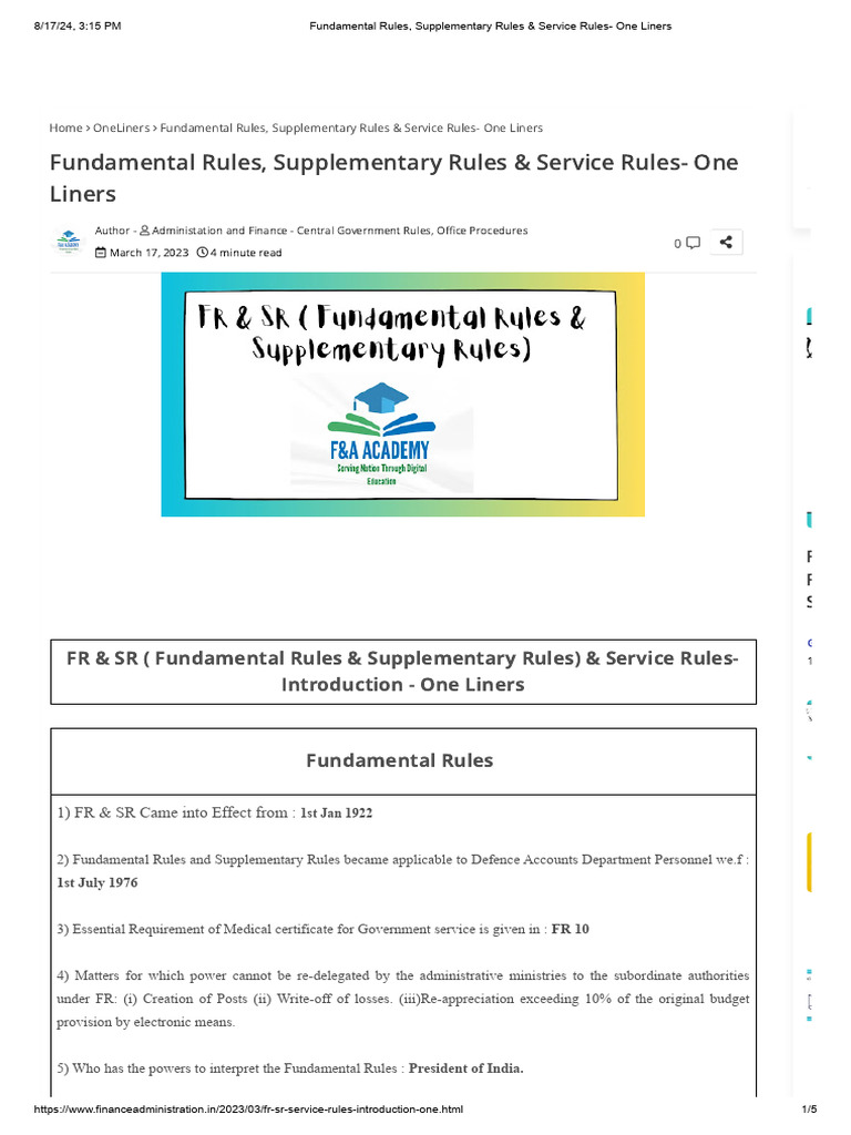 Fundamental Rules, Supplementary Rules & Service Rules - One Liners | PDF