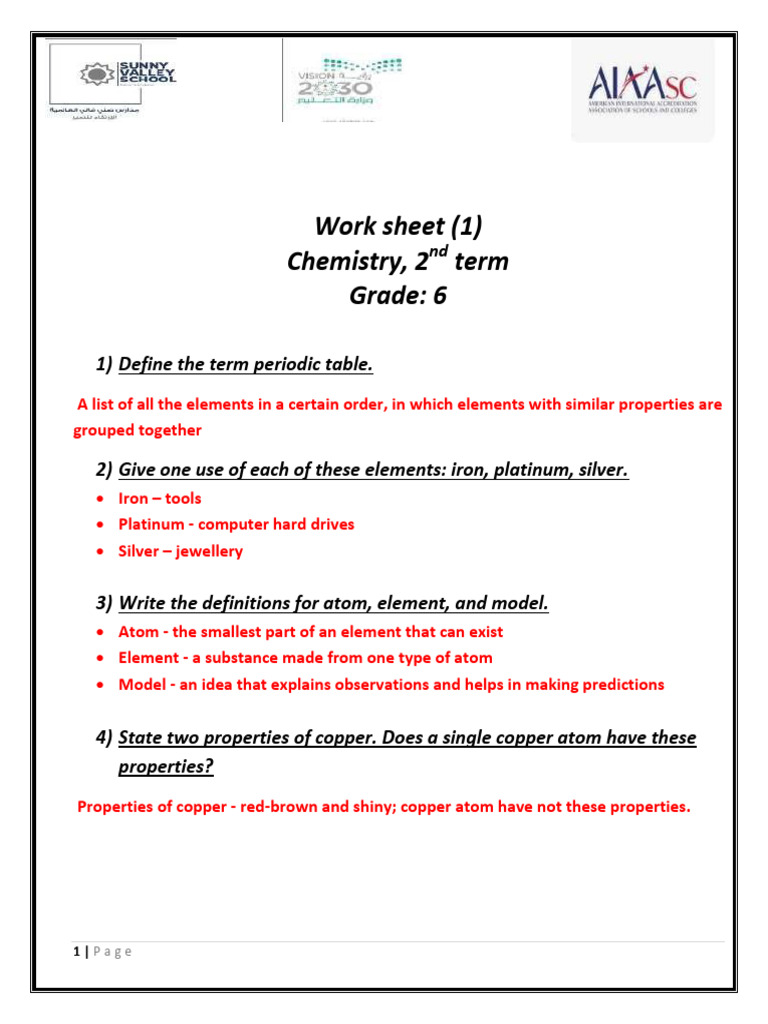 Work Sheet 1 Second Term - Chemistry .Grade 6.ma | PDF | Atoms ...