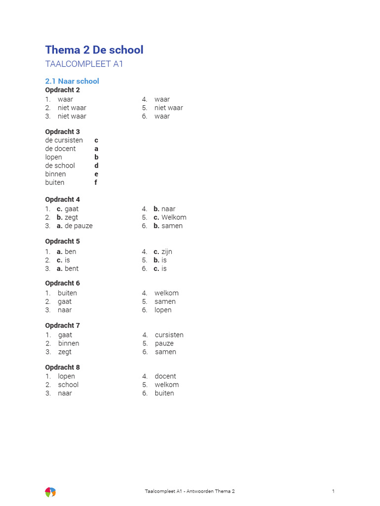 TaalCompleet A1 - Antwoorden Thema 2 - Def 2022 | PDF