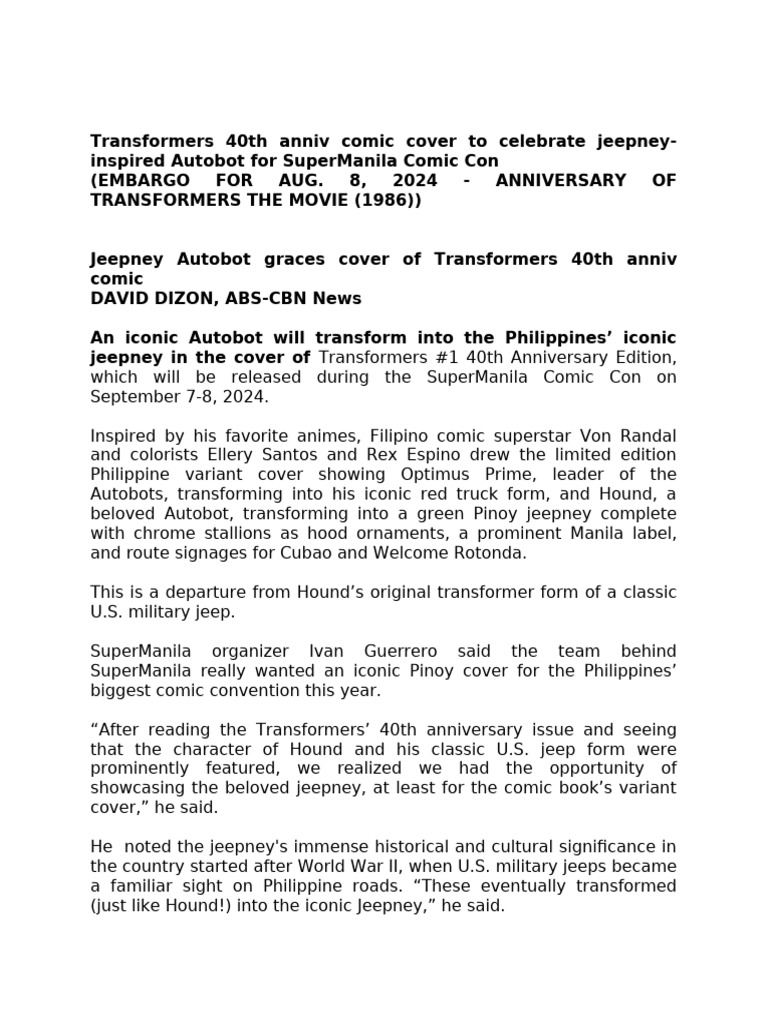 Transformers 40th Anniv Comic Cover To Celebrate Jeepney | PDF