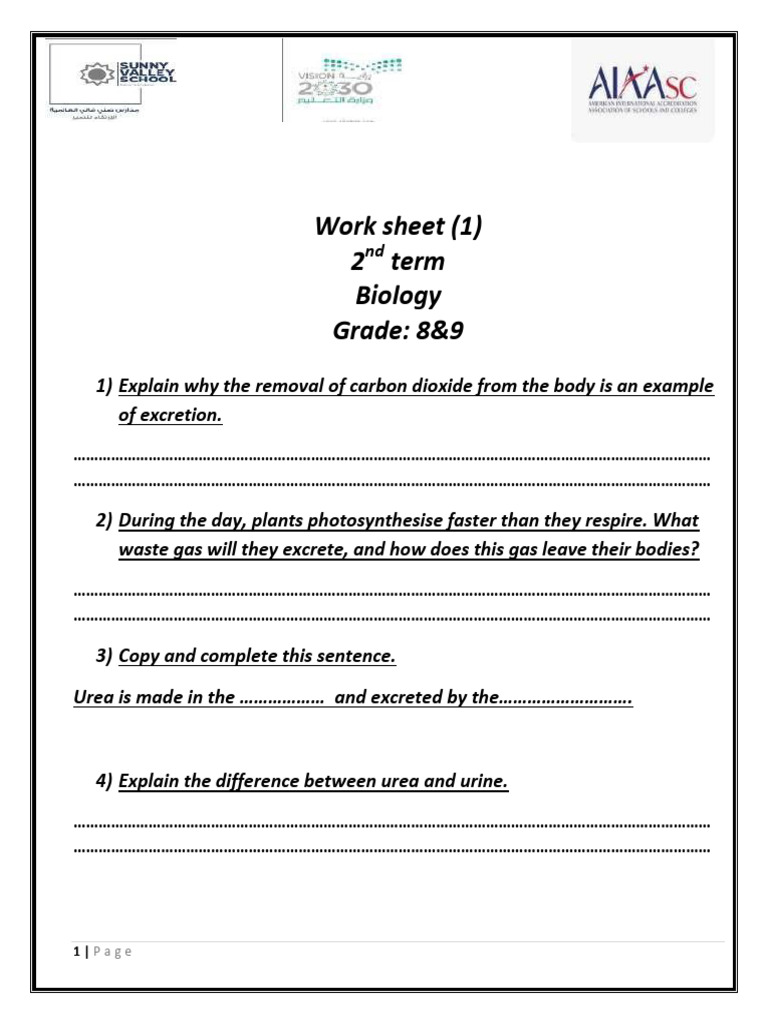 Work Sheet - Second Term .Biology .Grade 8&9 | PDF | Excretion