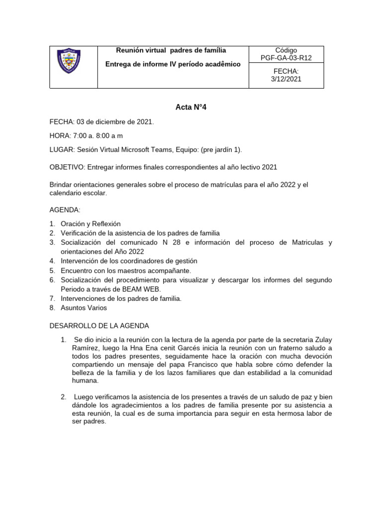 Acta de Entrega de Informe Iii Periodo | PDF