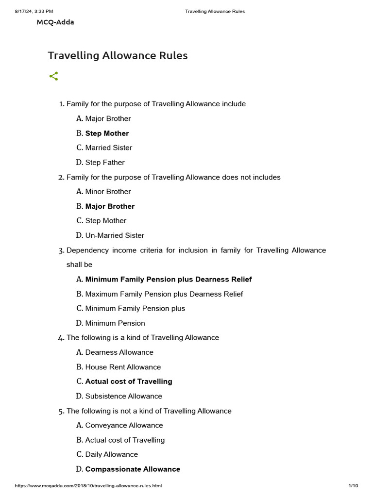 Travelling Allowance Rules | PDF