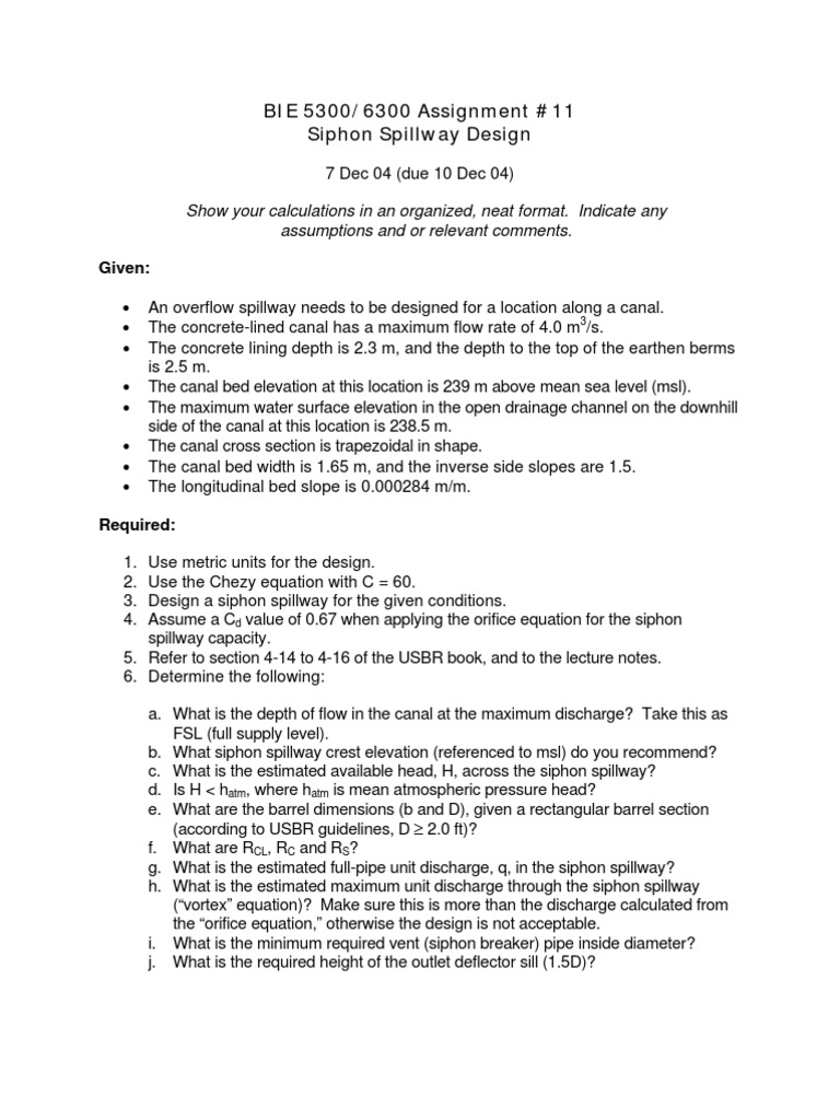 Siphon spillway design for canal overflow | PDF | Spillway | Civil ...