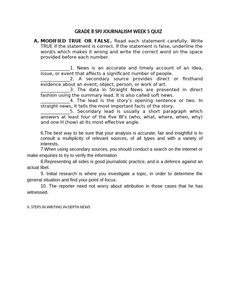 Grade 8 SPJ Journalism Week 5 Quiz | PDF